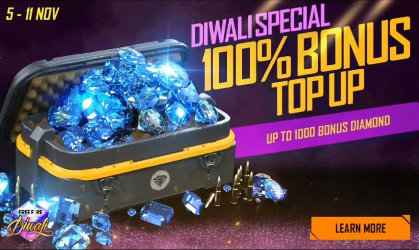 Free Fire 100% Bonus Top Up, Get Up To 1000 Diamonds For Free
